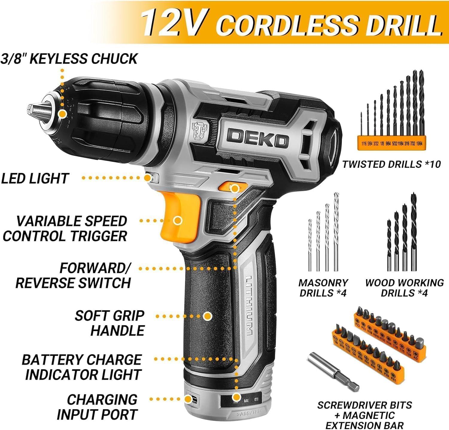 Power Drill Tool Set Kit: DEKOPRO Cordless Drill Tool Box with 12V ...